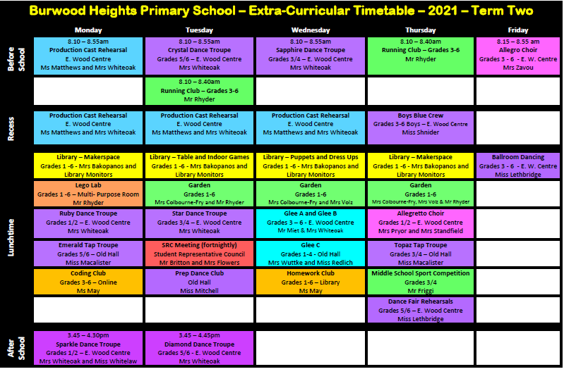 Extra Curricular Timetable